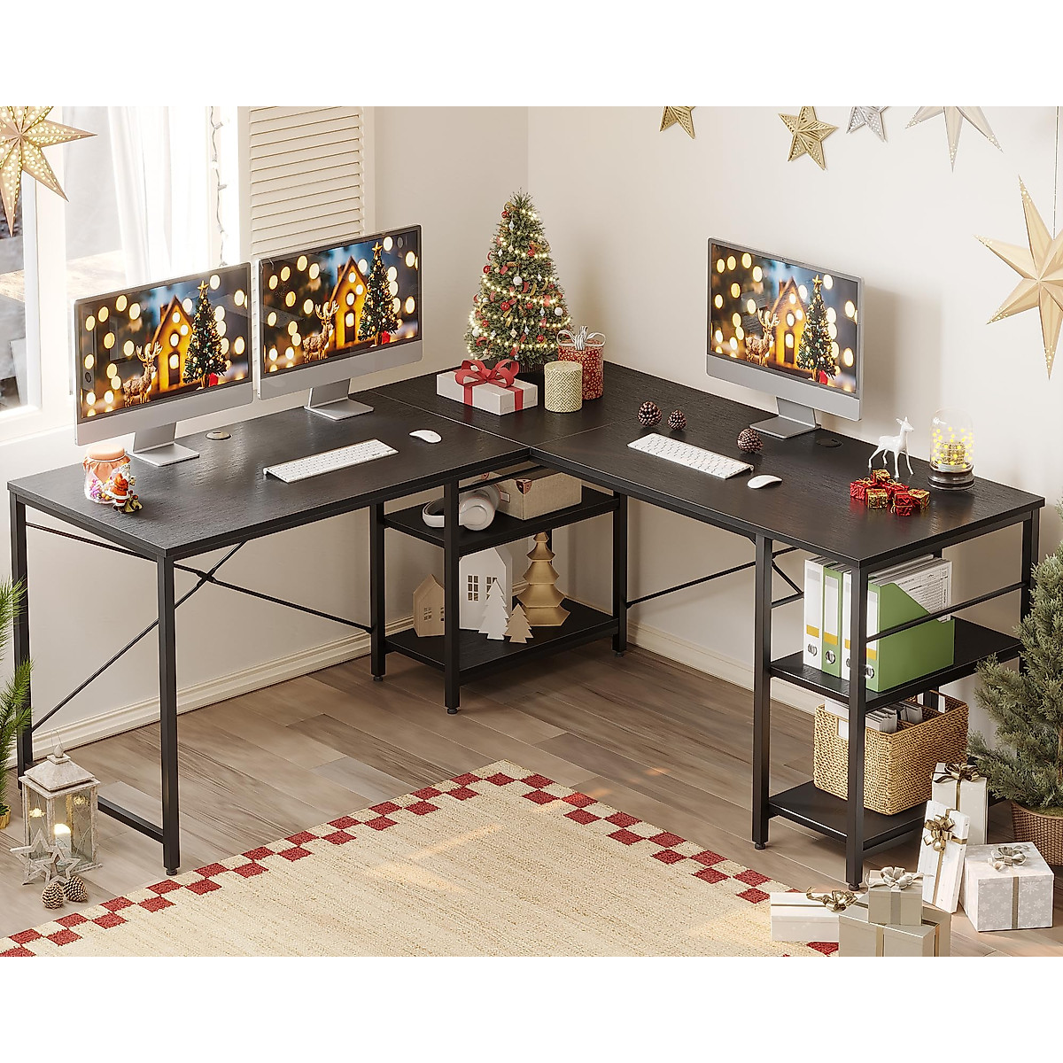 Bestier 95.2” L Shaped Desk, Reversible Corner Computer Desk or 2 Person Long Table with Adjustable Shelves, Large Writing Study Workstation with 3 Cable Holes - Black