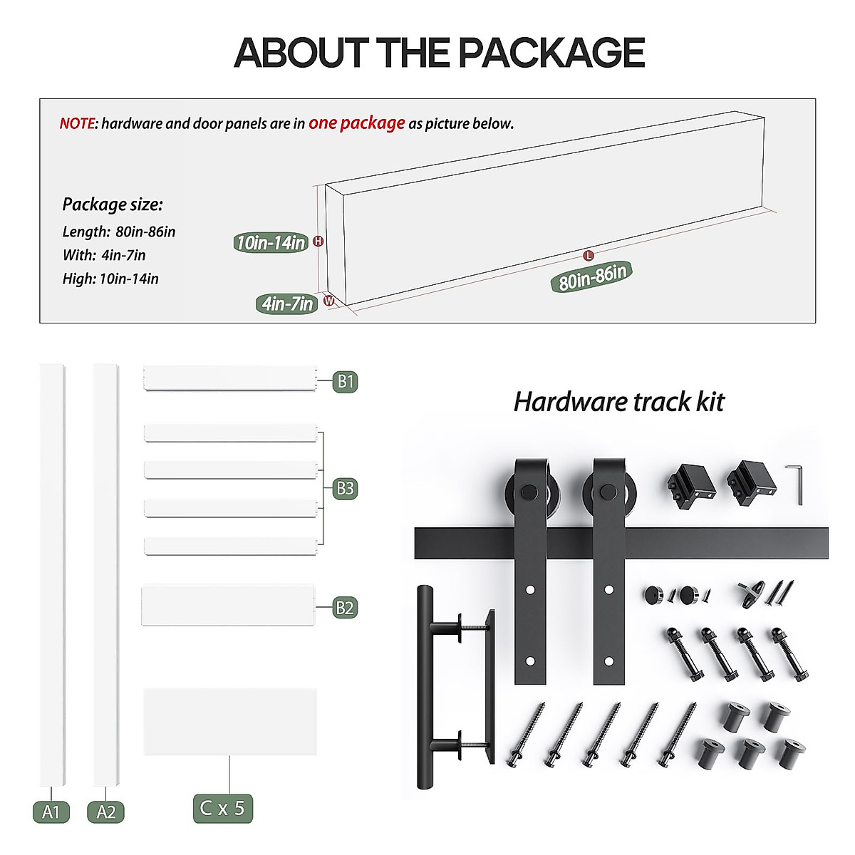 Fredbeck 32x84 inch White Barn Door with 5.5FT Sliding Door Hardware Kit Included & Handle,Solid,MDF,PVC Surface,DIY Assembly,5-Panel,Fit 29in-30in Opening