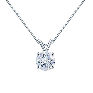 Diamond Wish 1/2 Carat Round Moissanite Solitaire Pendant Necklace in 14k White Gold (H-I, 5 mm) 4-Prong 16 to 18 Inch Adjustable Chain Spring Ring