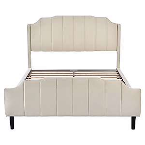 GLORHOME Queen Size Upholstered Platform, Bed Frame with Headboard and Footboard for Living Room/Bedroom, Velvet Fabric,Beige