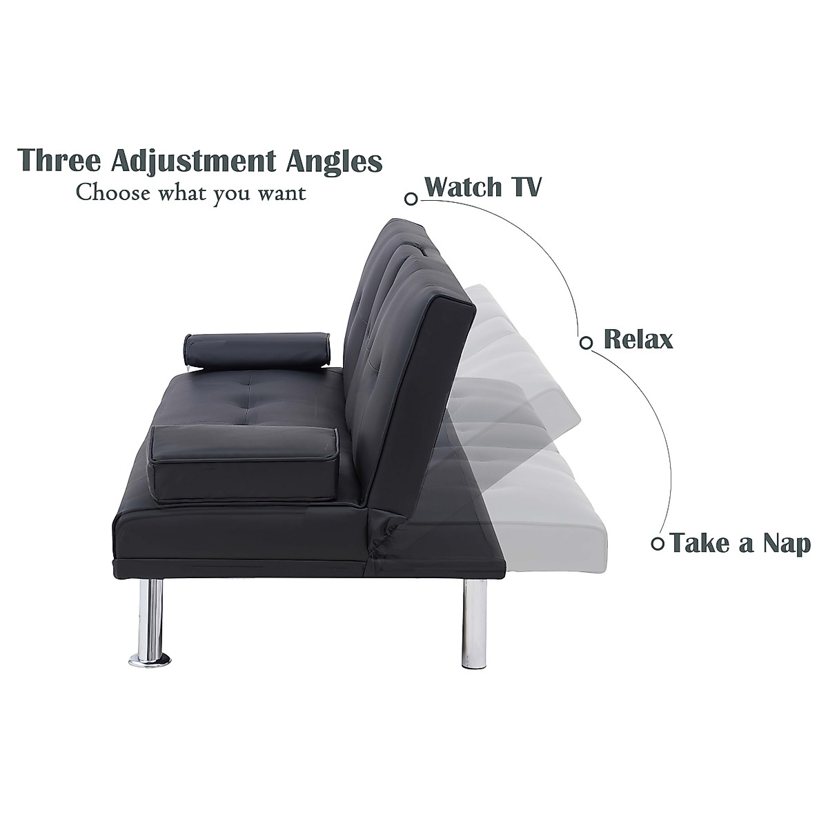 Generic Convertible Sofa Bed, PU Leather, Futon Folding Sleeper Sofa Couches with 2 Cupholders Adjustable Backrest Armrest Black Easy Assemble