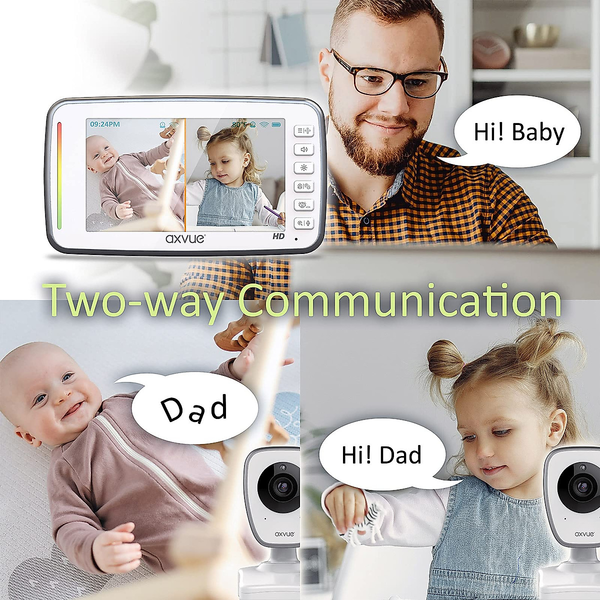 AXVUE HD Video Baby Monitor, 720P HD Image Quality, 5.0" IPS Screen Monitor & 2 Camera, Range up to 1000ft, 24 Hour Battery Life, 2-Way Talk, Split Screen, Night Vision, Temperature Monitor, No WiFi.