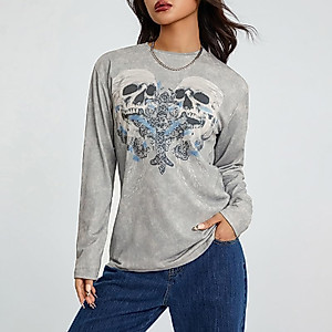 Women Goth T-Shirt Y2k Harajuku Graphic Tops Fairy Shirt for Women Long Sleeve Vintage Print Top Streetwear(A- Gray 1,S)