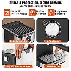 VEVOR Espresso Machine, 15 Bar Coffee and Espresso Maker with Milk Frother Steam Wand, Professional Semi-Automatic Cappuccino Latte Machine with Touch Screen & Removable Water Tank, NTC Control System