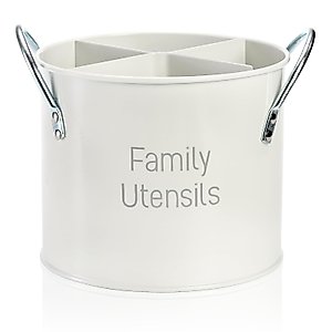 Pumtus 4 Compartment Kitchen Utensil Holder, 5.7 Inch Large Metal Utensil Caddy for Countertop, Utensil Crock Organizer with Removable Divider, Silverware Holder for Spoons, Knives, Forks, White