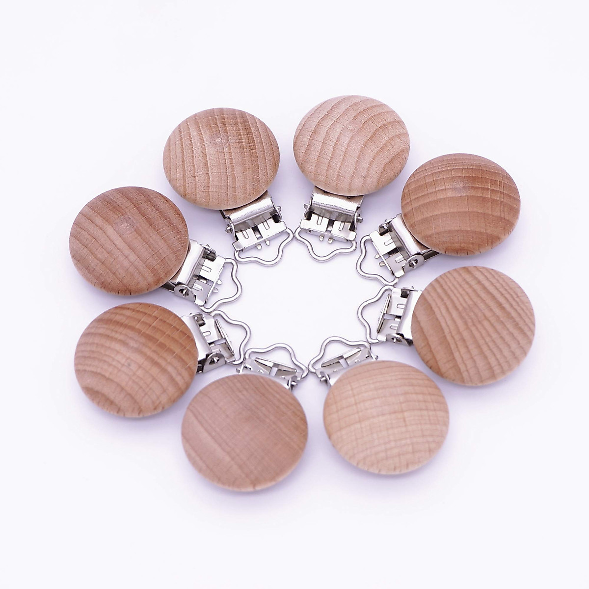 Sutoyuen 10Pcs 30mm (1.18") Natural Wood Pacifier Holder Round Beech Metal Teether Wooden Teething Beads Suspender Clips DIY Pacifier Accessories