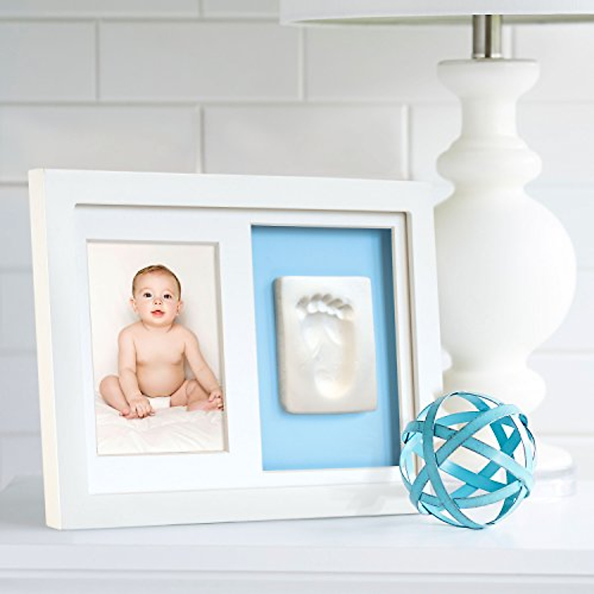 Tiny Ideas Baby's Footprint or Handprints Kit DIY Picture Frame Keepsake, Newborn Nursery Decor, Blue or Pink Reversible Mat, Baby Boy Gift Or Baby Girl Gift, White