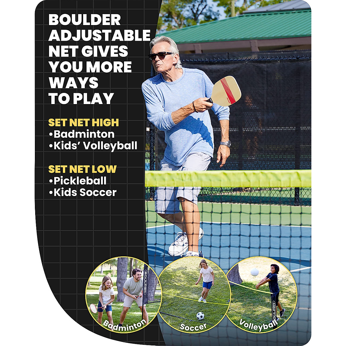 BOULDER Sports Pickleball Paddles & Badminton Set for Backyard - Includes 4 Rackets, 2 Pickleball Paddles, 3 Shuttlecocks, 2 Pickleballs & 2 Travel Bags - Easy Setup Volleyball & Racket Sports Net