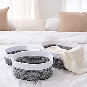 LA JOLIE MUSE Rope Storage Baskets for Organizing, Multipurpose Collapse Storage Basket Set of 3, Medium Cotton Basket Bins for Shelves Nursery Baby Toys, White & Gray