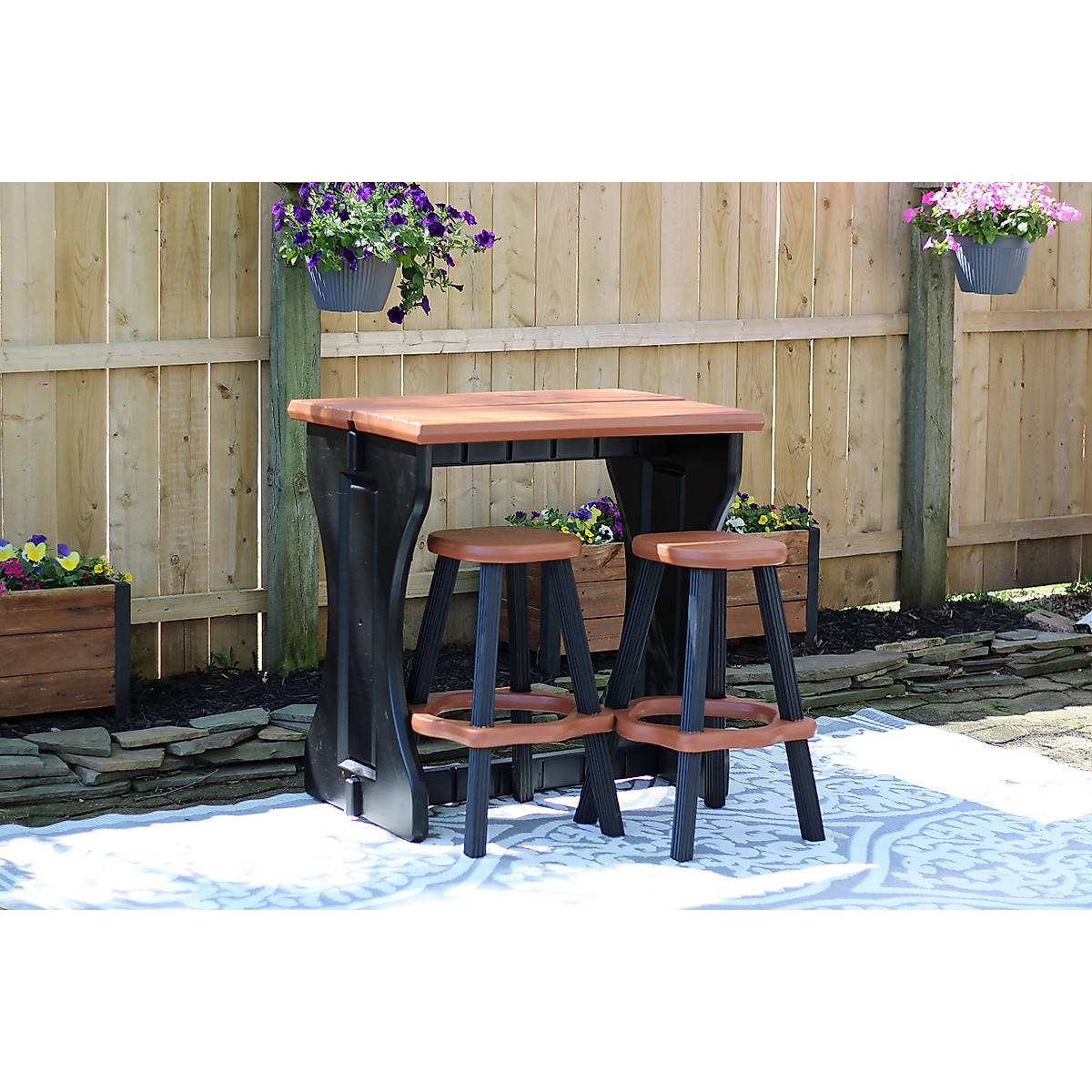 Leisure Accents Double Bar Set Includes 2 Barstools Redwood Top & Black Base Ideal for Patio Hot Tub Area Backyard Durable WeatherResistant Design Easy Nohardware Assembly Proudly Made in USA