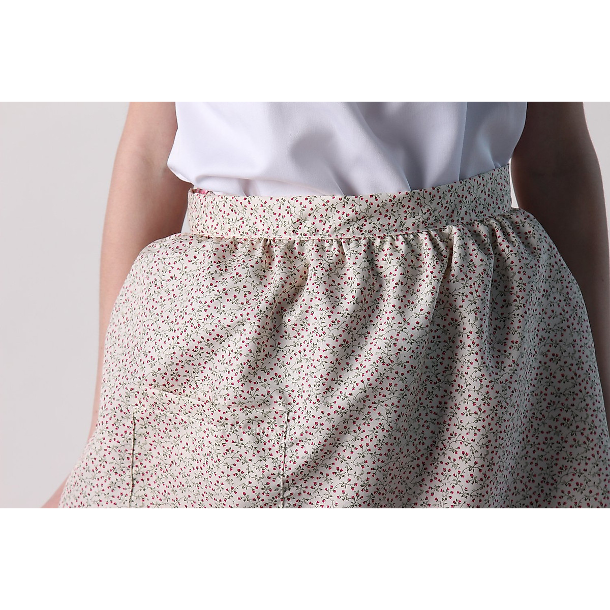 Making Believe Cream Calico Waist Half Apron with Pocket for Girls and Teens for Pioneer Peasant Costume