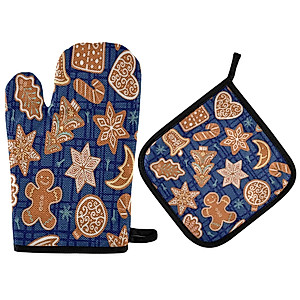 Blueangle Christmas Gingerbread Cookies Oven Mitts and Pot Holders Set, Heat Resistant Kitchen Gloves for Oven Cooking, Grill & BBQ | Cotton Lining Gloves with Hanging Loop
