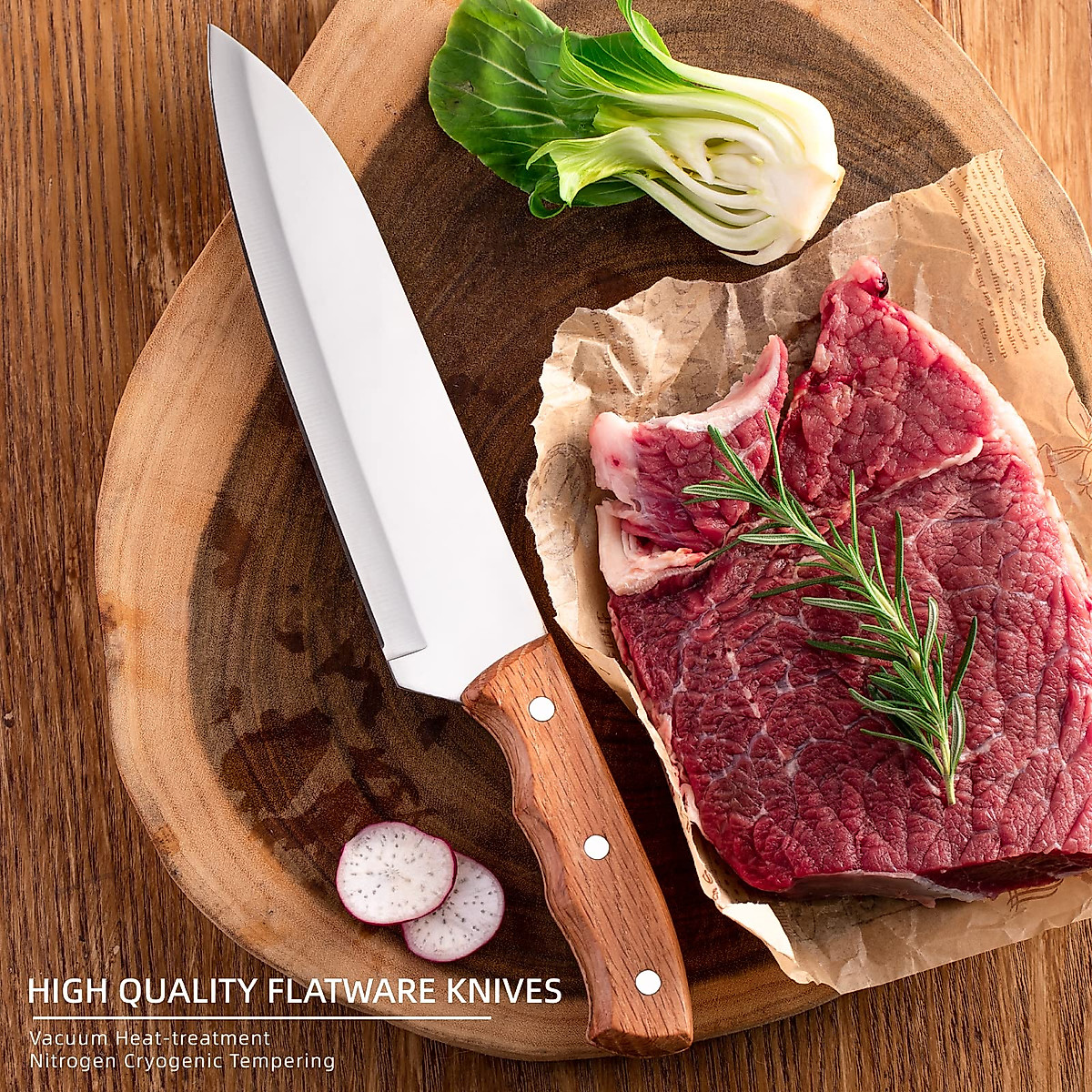 feng&feng 8-Inch Chef's Knife - Stainless Steel Blade, Wood Handle, Three Rivets - Sharp, Durable Kitchen Knife