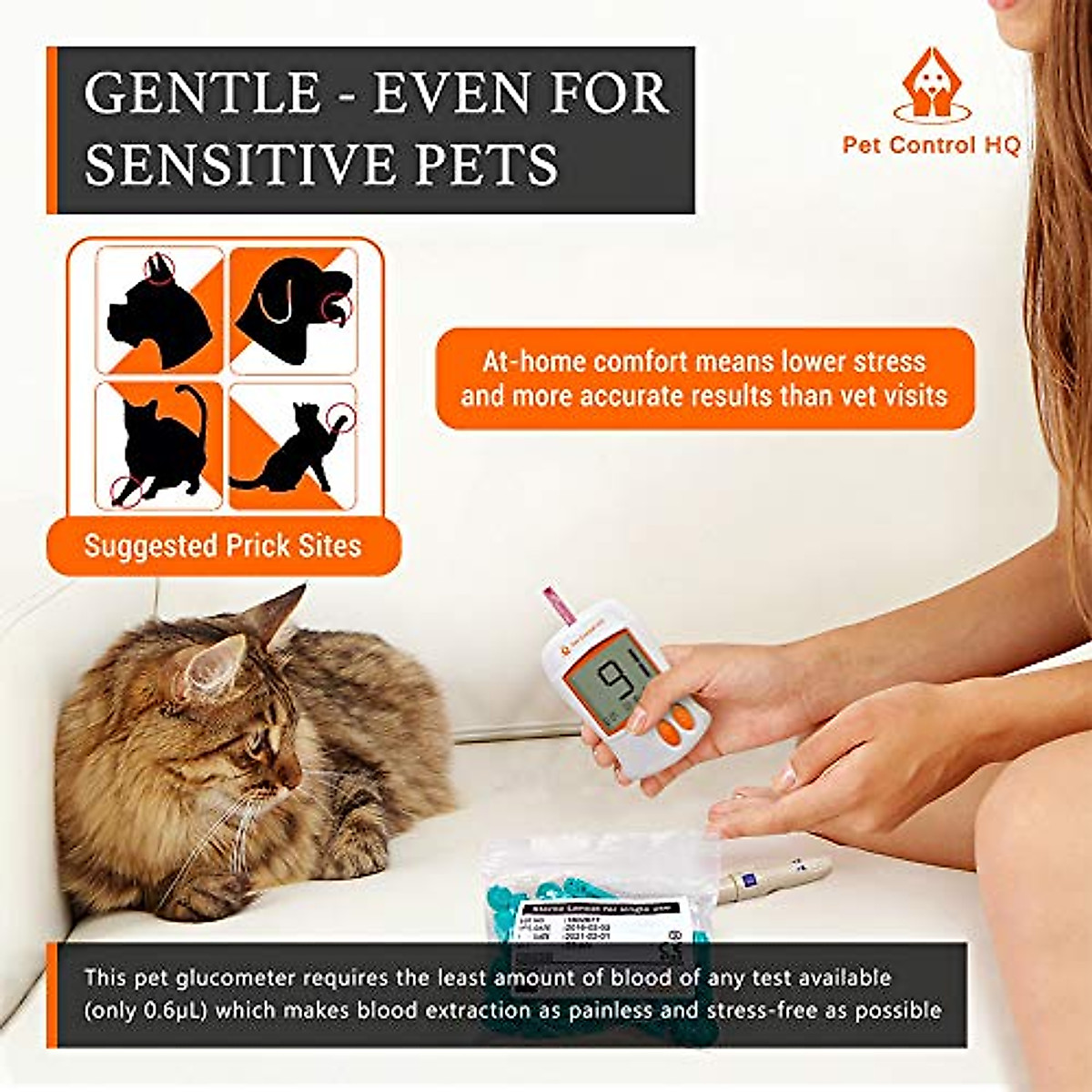 Pet Control HQ Blood Sugar Glucose Monitor System - Cat and Dog Glucose Monitoring Kit - Accurate Diabetes Testing 2 Calibrated Code-Chips, Lancets, Logbook - Monitor + 50 Test Strips