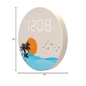 DMDMBSR USB Plug in Digital Wall Clock, Sunset Ocean Wave Design, 12/24Hr Wall Mounted Digital Clock, LED Wooden Silent Wall Clock for Living Room Bedroom Classroom Office (10In Off White)