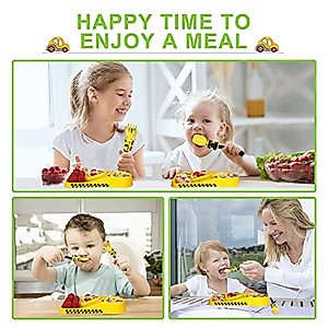 A Set of Toddler's Plates Set and a Set of Toddler's Fork and Spoon Set, Construction Toddler Utensils, Suitable for Kids Utensils.