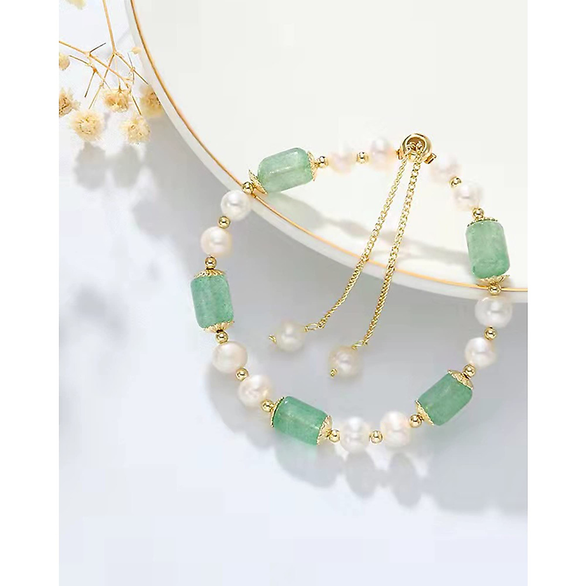 Natural Jade Pearls Bracelet Gold Wealthy Good Fortune Jade Bangle Amulet for Women, Lucky Jade Feng Shui Healing Crystal Bracelet