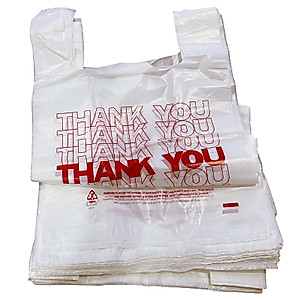TashiBox Plastic bags with handles，thank you bags，Measures 11.5" X 6.25" X 21", 15mic, 0.6 Mil (400 Count),Reusable and Disposable Grocery Bags