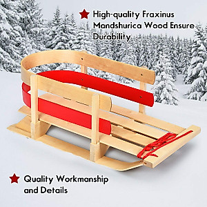 Goplus Wood Sled, Snow Wood Sled Pull Steering Slider Sleigh Toboggan with Solid Wood Seat Pulling Rope, for Kids Toddlers (29")