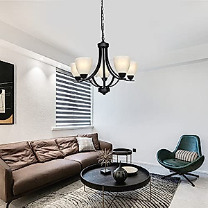 BONLICHT Traditional Chandelier Black 5 Light Modern Pendant Lights with Alabaster Glass, Industrial Vintage Dining Room Lighting Fixtures Hanging Flush Mount Ceiling Light for Bedroom Kitchen Island