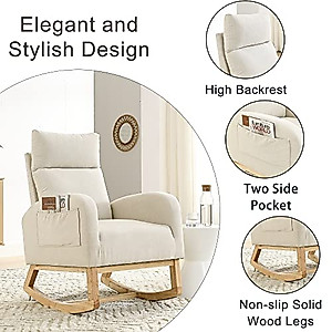 Krinana Nursery Rocking Chair with Solid Wood Legs, Glider Chair for Nursery with Two Side Pockets, Rocker Armchair for Living Room Bedroom (Beige, Linen Fabric)