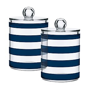 Navy Blue and White Striped 2 Pcs Qtip Holder Organizer Dispenser Storage Canister Plastic Apothecary Jars Bathroom Vanity for Cotton Swab Ball Pads Floss