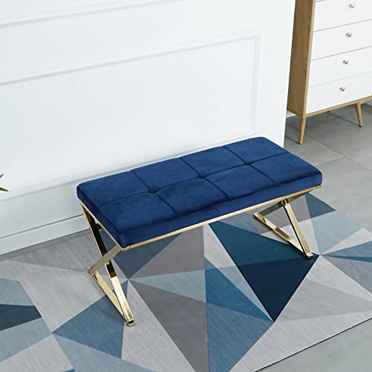 GYZAD Modern Sofa Bench Bench-Dining Room Bench-with Stainless Steel and Velvet Ottaman,Bench Chair,Benches for Bedroom,Livingroom,Metal,Gold Plated Legs,Blue