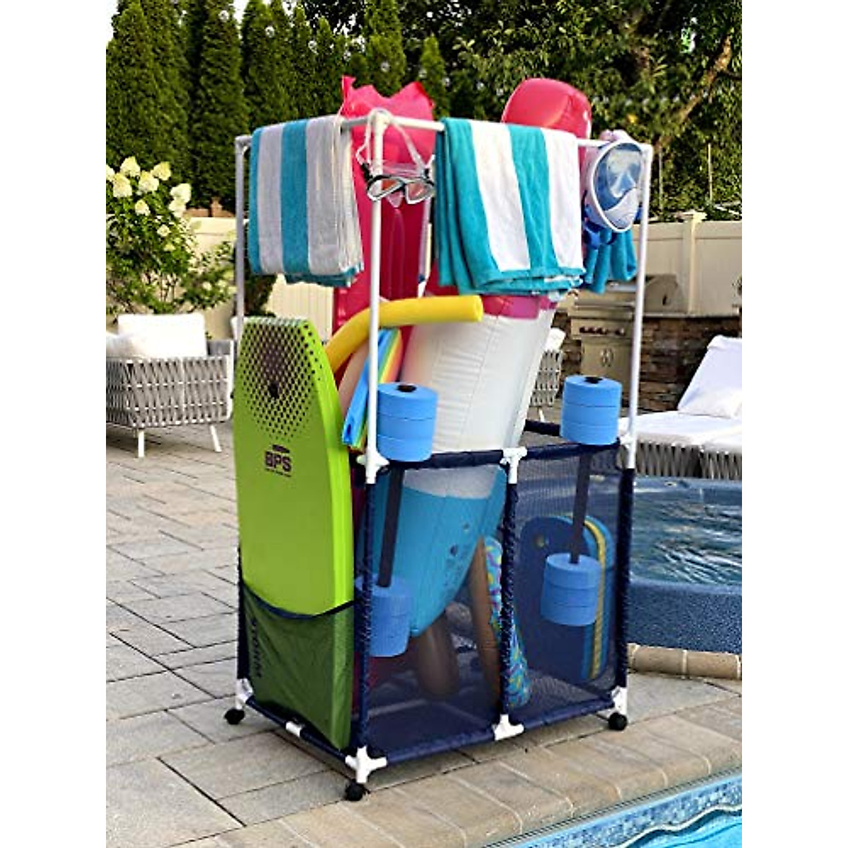 Essentially Yours Pool Equipment Holder with Towel Drying Bars, Mesh Rolling Pool Storage Organizer Bin, Extra Large with Towel Hanger, (34.5" W x 25" L x 62.6" H), Blue/White Style 418566