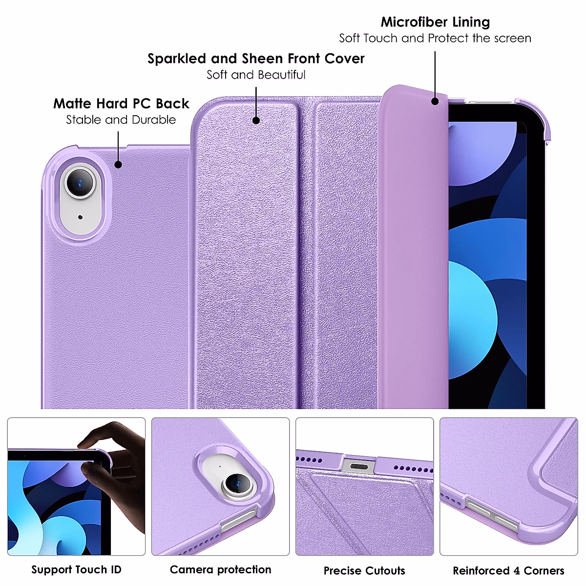 DTTO Case for New iPad Air 11 inch M2 / iPad Air 5th&4th Generation 10.9 Inch, Hard Back Sparkled and Sheen Front Cover for iPad Air Case 2024/2022/2020, Support 2nd Gen Pencil Charging - Purple