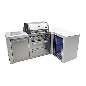 Mont Alpi MAi400-D90FC 32-Inch 4-Burner 78000 BTU 90 Degree Corner Stainless Steel Gas Outdoor Kitchen Barbecue Island Grill + Infrared Side Burner + Wine Cooler Beverage Center Compact Refrigerator