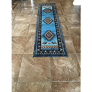 Kingdom Southwest Native American Runner Area Rug Blue & Brown Design D143 (2 Feet X 7 Feet)