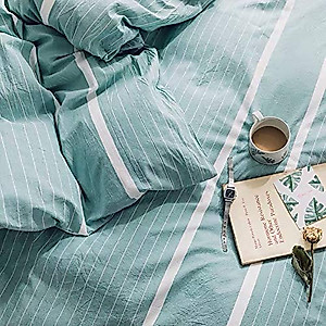 HYPREST Blue Striped Duvet Cover, 100% Cotton Duvet Cover Queen Soft Breathable Bedding Set
