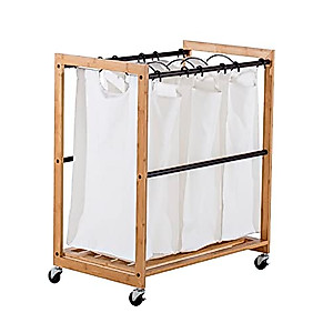 TRINITY 3-Bag Bamboo Laundry Cart, Laundry-Room Organization and Dirty Clothes Hamper with Wheels for Bedroom, Closet, Dorm Room and More, Bronze Poles