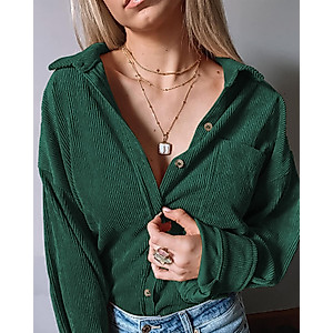 Saslax Womens Corduroy Shirt Long Sleeve Oversized Button Up V Neck Blouses Tops Loose Shacket Jacket with Pockets Green M