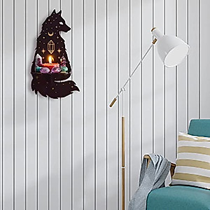 Halloween Decoration Hand Floral Sun and Moon Altar Shelf with-Pendulum and Necklace Stand Wooden Creative Crystal Wall Shelf (Wolf)