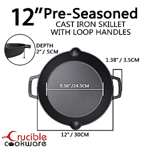 Cast Iron Skillet - 12"-Inch Dual Loop Handle Frying Pans + Silicone Handle Holder Covers - Oven Safe Cookware - Indoor/Outdoor Use - Use on any Stovetop, Grill, Induction Safe