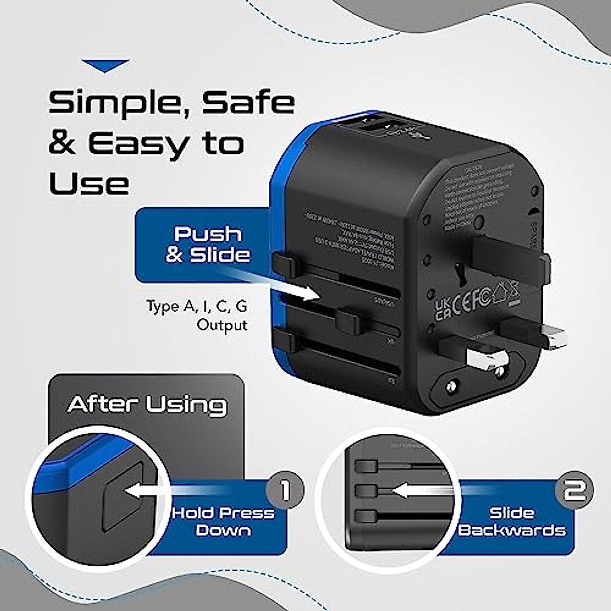 Ceptics Universal Adapter - World Power Charger Wall Charger 2 USB Type I C G A Outlets All in One 110V 220V A/C - Works in Europe, Asia, Australia, China, Africa (UP-8KU-BLK)