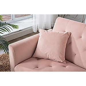 Pannow Velvet Futon Convertible Sofa Bed, Modern Tufted Sleeper Sofa Couch with 2 Pillows & 5 Golden Metal Legs, Adjustable Folding Accent Loveseat Sofa Couch for Living Room