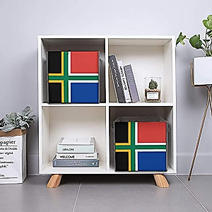 South African Nordic Cross Flag PU Leather Collapsible Storage Bins Canvas Cube Organizer Basket with Handles