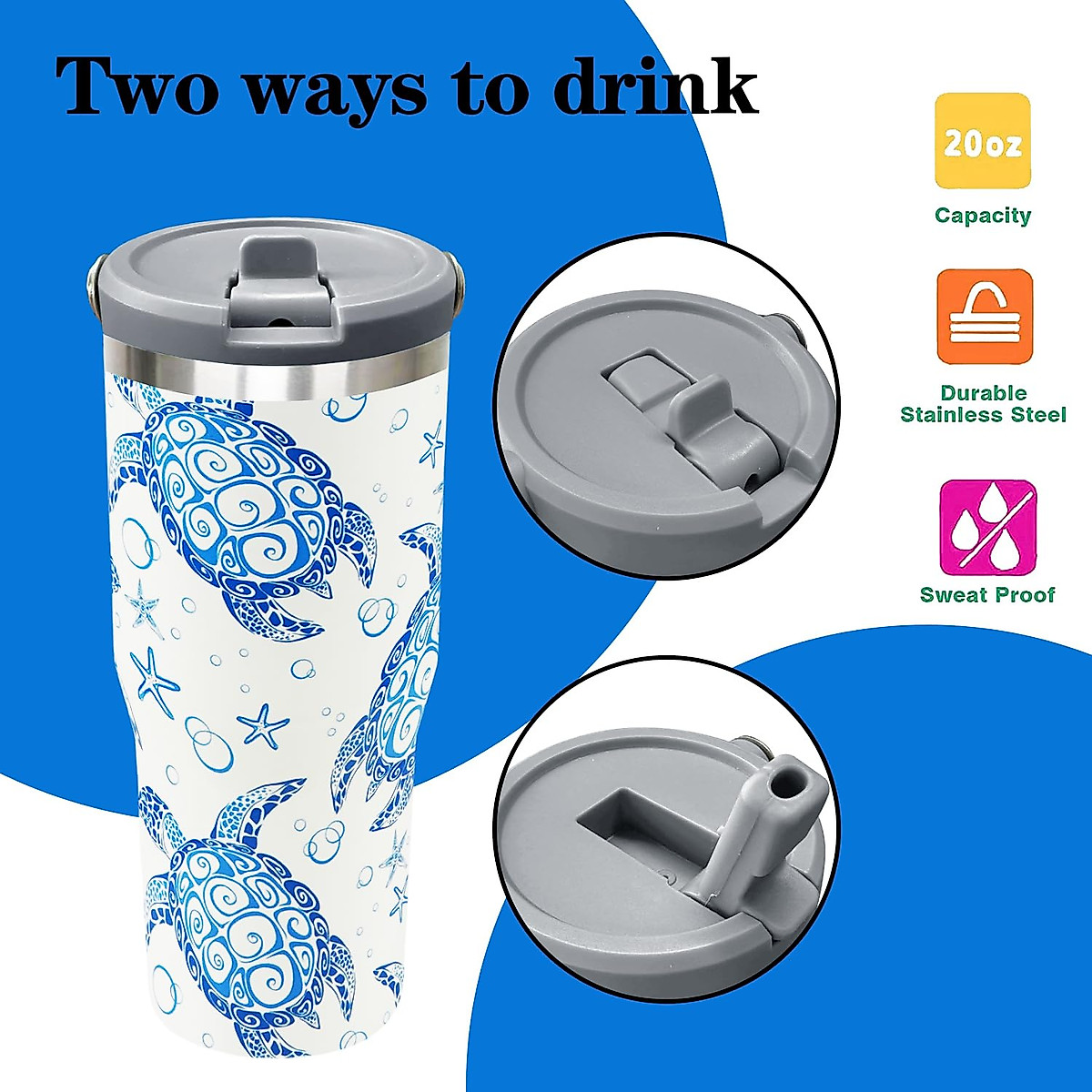 Sea Turtle Gift Tumbler with Handle and Straw, Stainless Steel Vacuum Insulated Flip Straw 30 oz Sea Turtle Tumbler Spill Proof Coffee Travel Mug Sea Turtle Gifts for Women