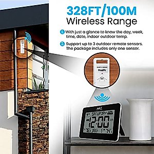 HODIK Atomic Clock with Indoor Outdoor Temperature Wireless, Large 11.4 Inch LCD Display for Easy Reading, Self-Setting Battery Powered Table Clock or Wall Clock with High Precision Sensor