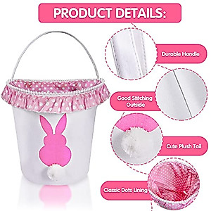 Easter Baskets Bags Empty Bulk For Kids Girls Toddler Bunny Eggs Hunt Bags with Fluffy Tail Pink Canvas Rabbit Toys Personalized Handbag Toys Bucket Tote Bag Candies Storage Gifts with Handles (Pink)