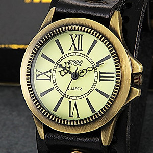 Avaner Unisex Punk Retro Bronze Round Dial Black Wide Leather Belt Strap Cuff Bracelet Roman Numerals Analog Quartz Wrist Watches