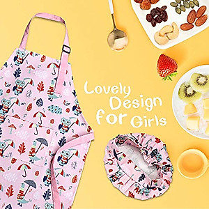 Pipoobear Kids Apron and Chef Hat for Girls Aged 6-12, Pink Children Kitchen Chef Costume Dress Up Set, Toddler Cotton Apron with Pocket and Adjustable Strap for Cooking Baking Painting Gardening