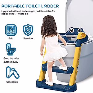 HAHONIA Potty Training Seat for Toddlers, Foldable Potty Training Toilet with Step Stool Ladder, Toddler Potty Seat with Upgraded Height-adjustable Wide Step & Soft Cushion Splash Guard Blue
