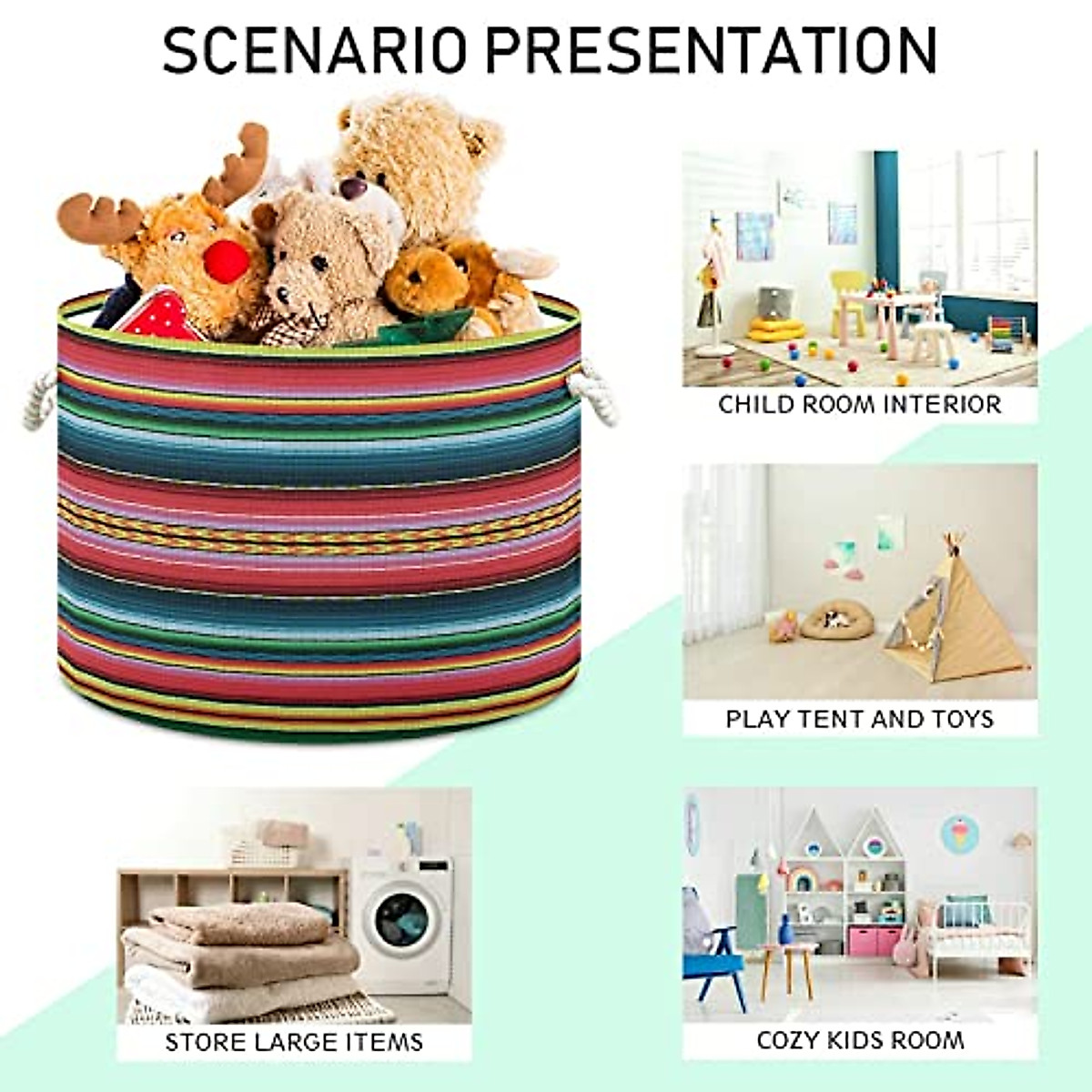 xigua Large Storage Basket Cotton Rope Basket Mexican Serape Blanket Stripes Colorful Baby Laundry Basket for Blankets Toys Storage Basket Laundry Hamper