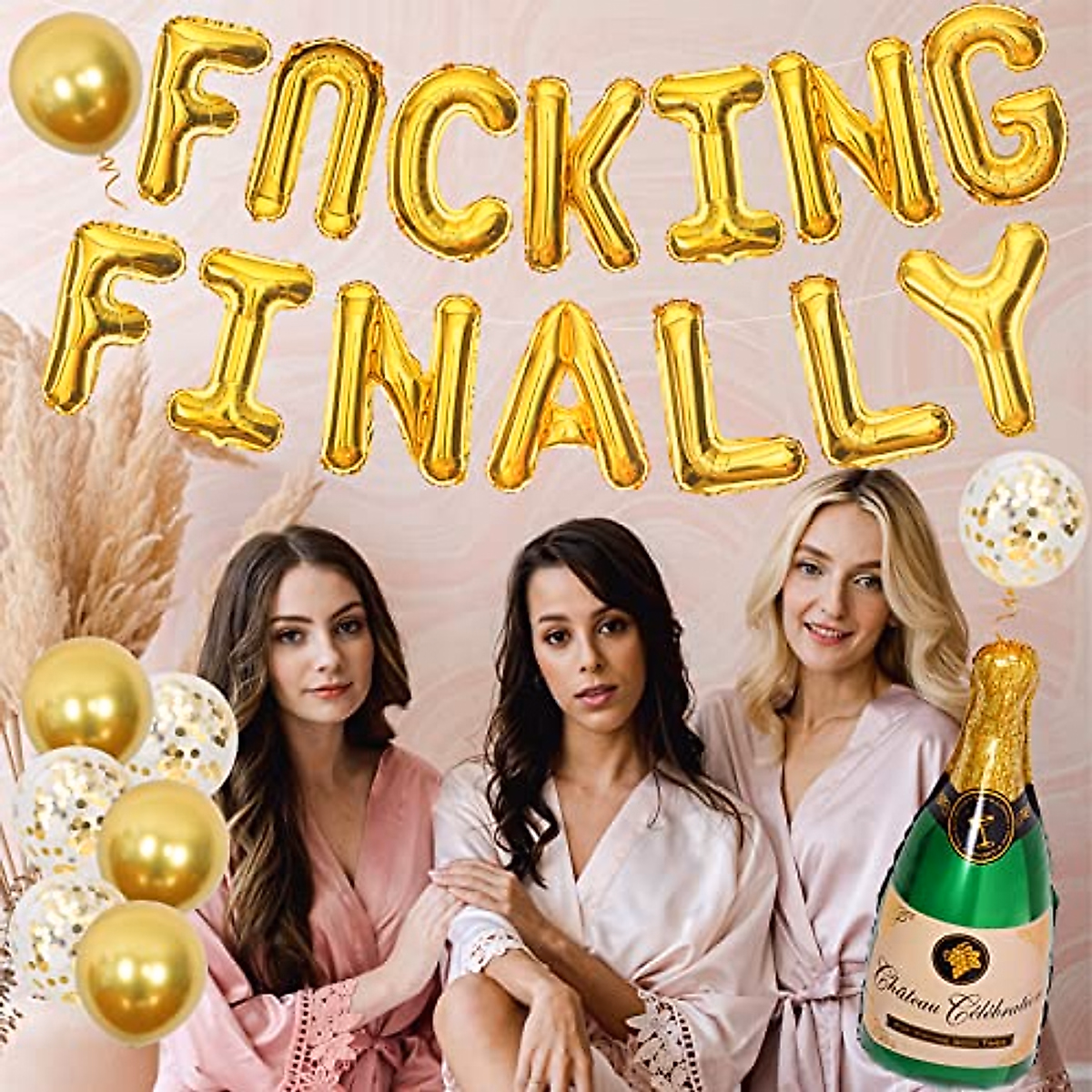 Bachelorette Party Decorations Kit Gold-Fcuking Finally Bachelor Party Decor with Diamond Ring and Champagne Foil Balloons for Engagement Bridal Shower Hen Party Supplies