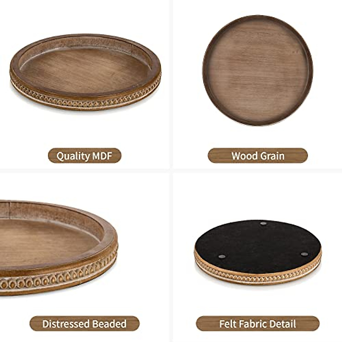 Hanobe Wood Decorative Tray Round: Brown Bead Tray for Coffee Table Rustic Wooden Trays Decor Farmhouse Kitchen Counter Circle Tray Vintage Centerpiece for Living Room Candle Holder Home Organizer