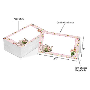 Table Place Card, Tea Party Themed Tent Style Cards, Pack of 25 Half-Fold Reception Place Card, Perfect for Bride Shower, Birthday Party, Banquet and Special Events C25
