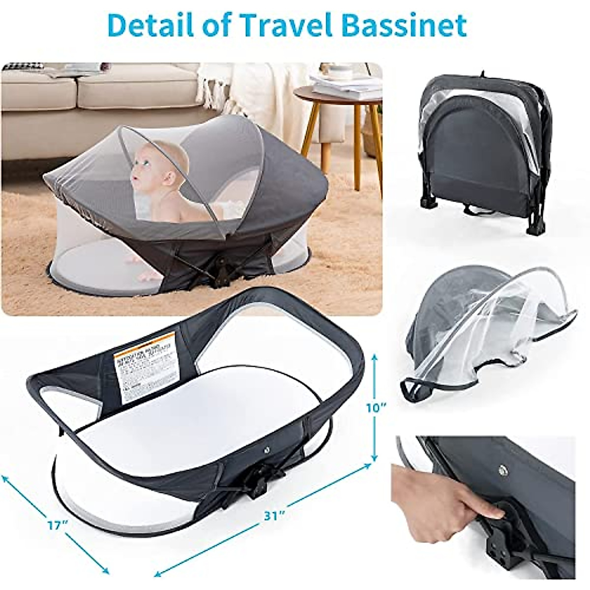 Baby Travel Bassinet Portable Bassinet-Mini Travel Crib Infant Travel Bed with Mosquito Net and Canopy Lightweight Washable Foldable